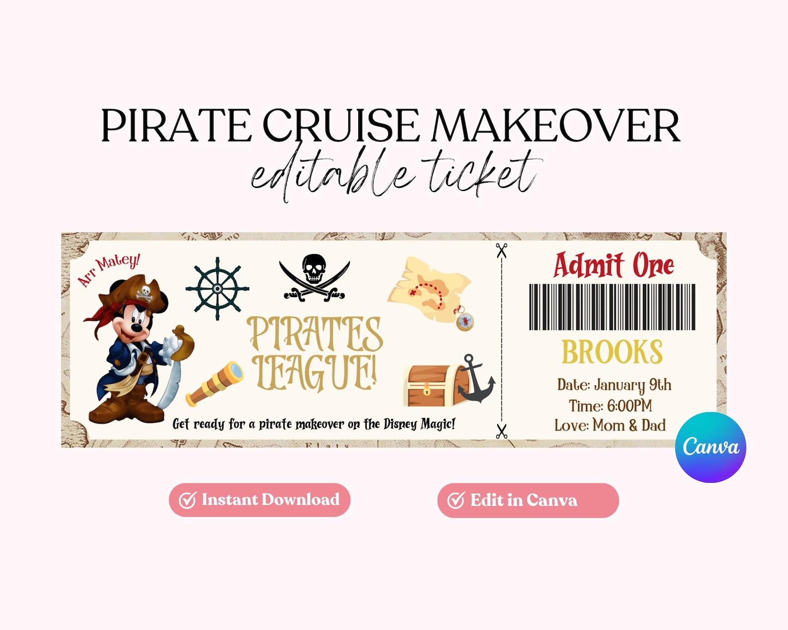 Pirate Cruise Ticket, Editable and Printable Ticket, Pirate Makeover ...