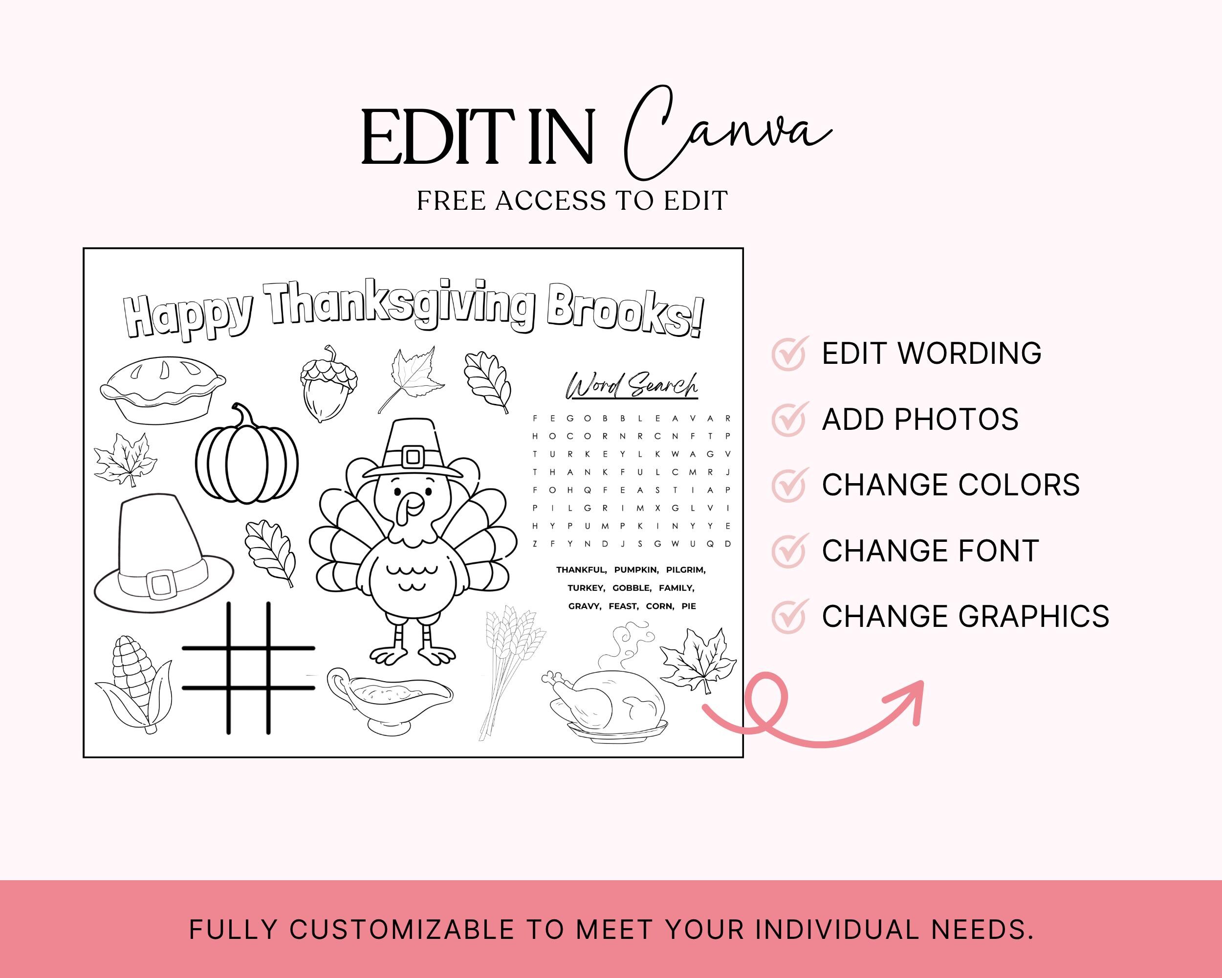 Editable Thanksgiving Coloring Page, Printable Personalized ...