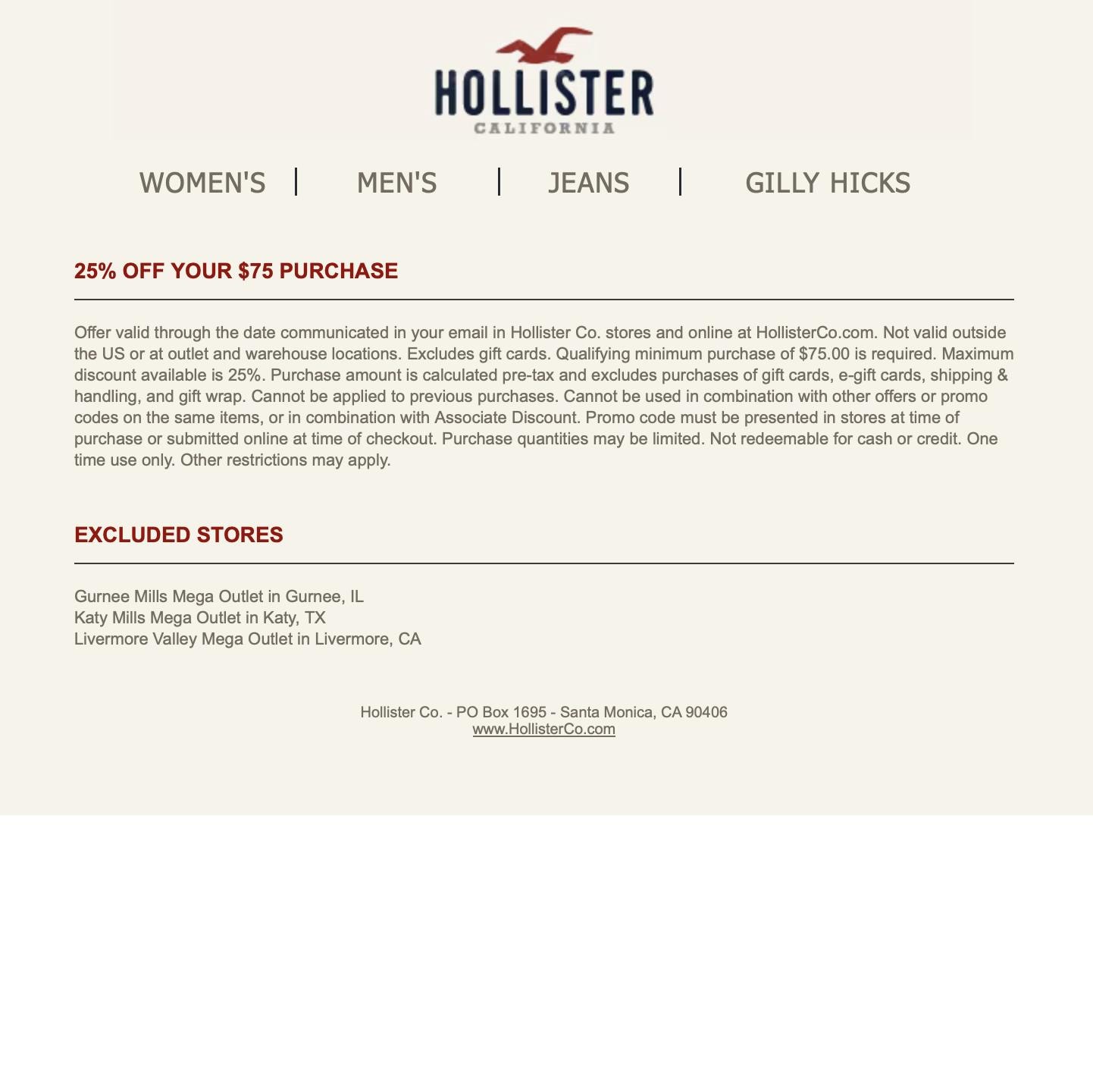 Hollister Coupon 25% off Code, Discount, Saving Printable / Instant ...