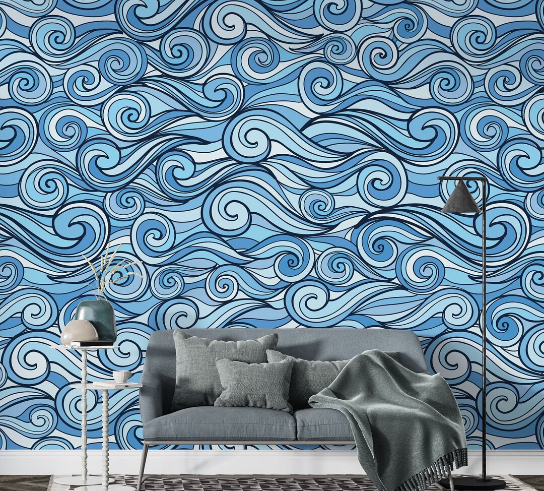 Custom Size Abstract Blue Sea Waves Pattern Wallpaper, Self Adhesive or ...