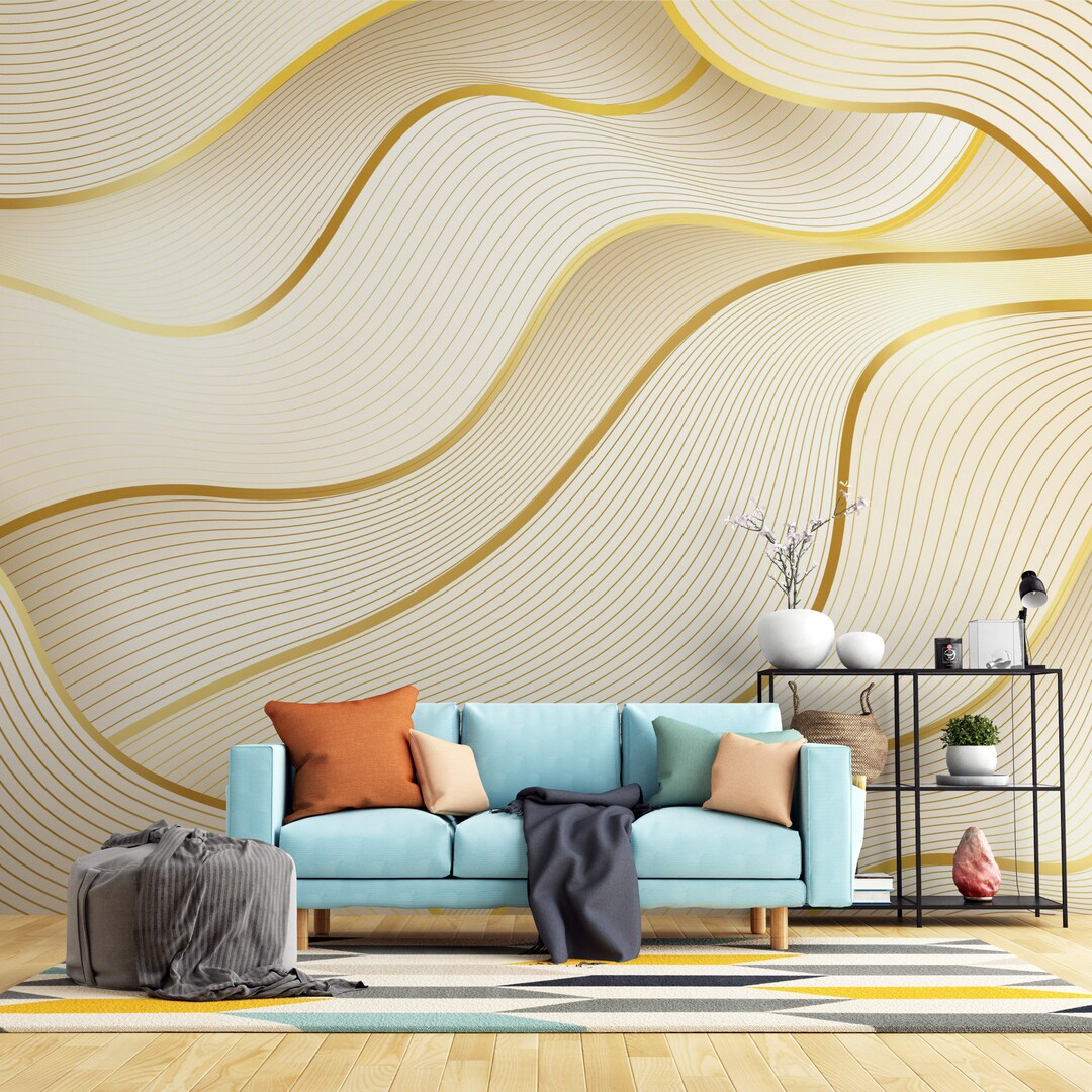 Serene Golden Flow: Abstract Wall Mural With Delicate Lines for a Touch ...