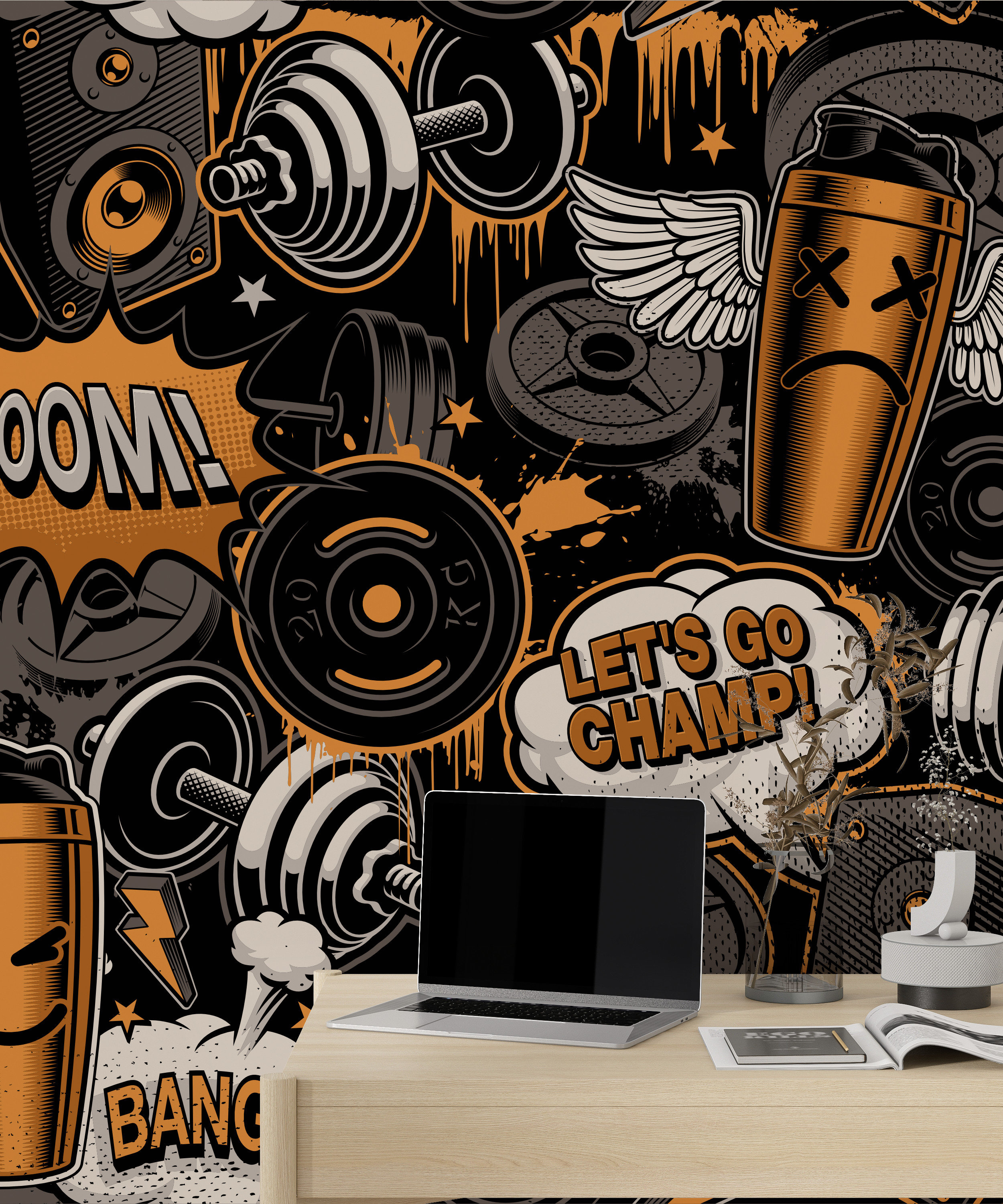 Graffiti Style Fitness Theme With Barbells, Dumbbells Wallpaper, Self ...