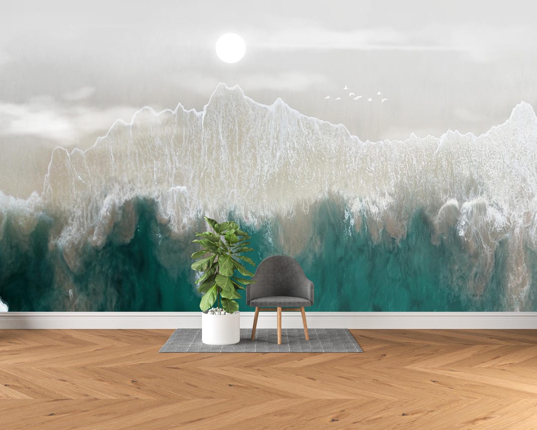 Relaxing Ocean Wall Mural, Aerial Beach Waves With Sea Foam, Coastal ...