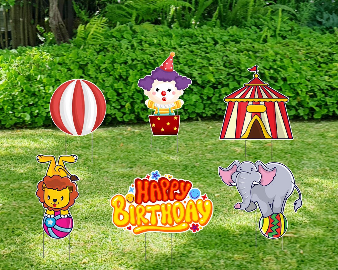 Circus Carnival Birthday Yard Sign Set – Cute Clown, Circus Tent, Ball ...