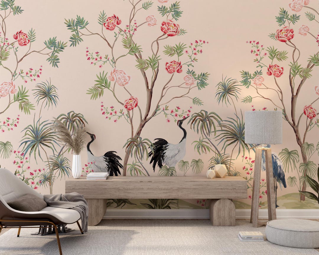 Serene Cranes and Blossoms Wall Mural – Beautiful Hand-painted Design ...