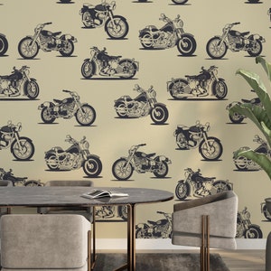 Classic Retro Motorcycles Pattern Wallpaper, Peel and Stick Wallpaper ...
