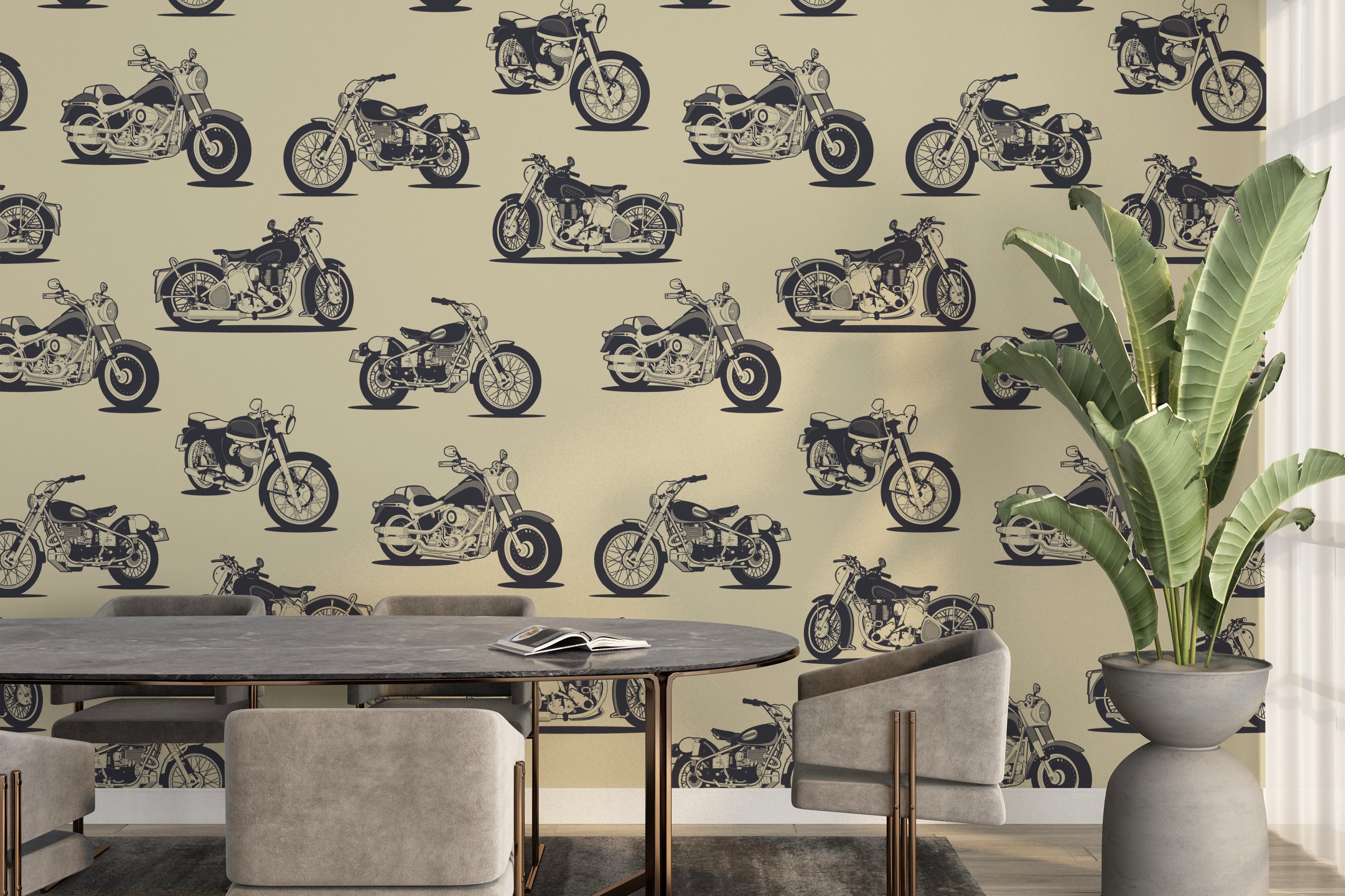 Classic Retro Motorcycles Pattern Wallpaper, Peel and Stick Wallpaper ...
