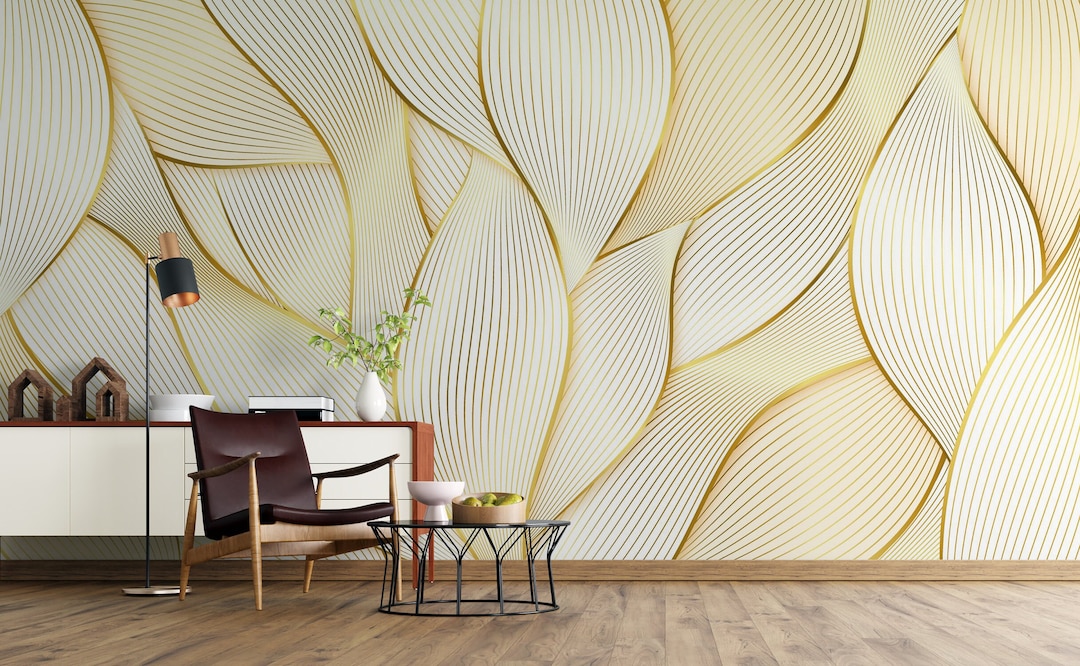 Abstract Gold Leaves Wallpaper, Self Adhesive or Pasted, Temporary and ...