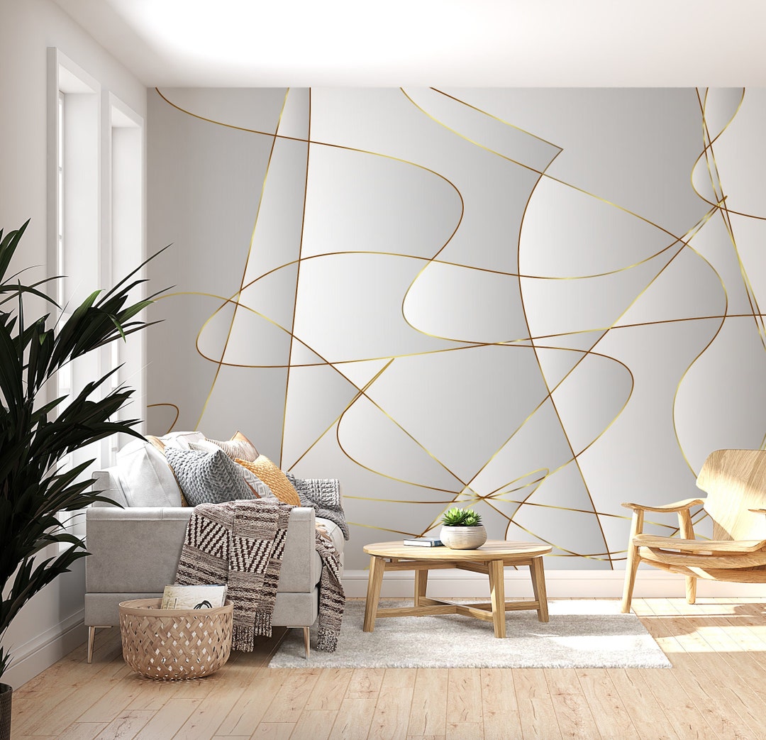 Serene Simplicity: Abstract Wall Mural With Delicate Goldlines on White ...