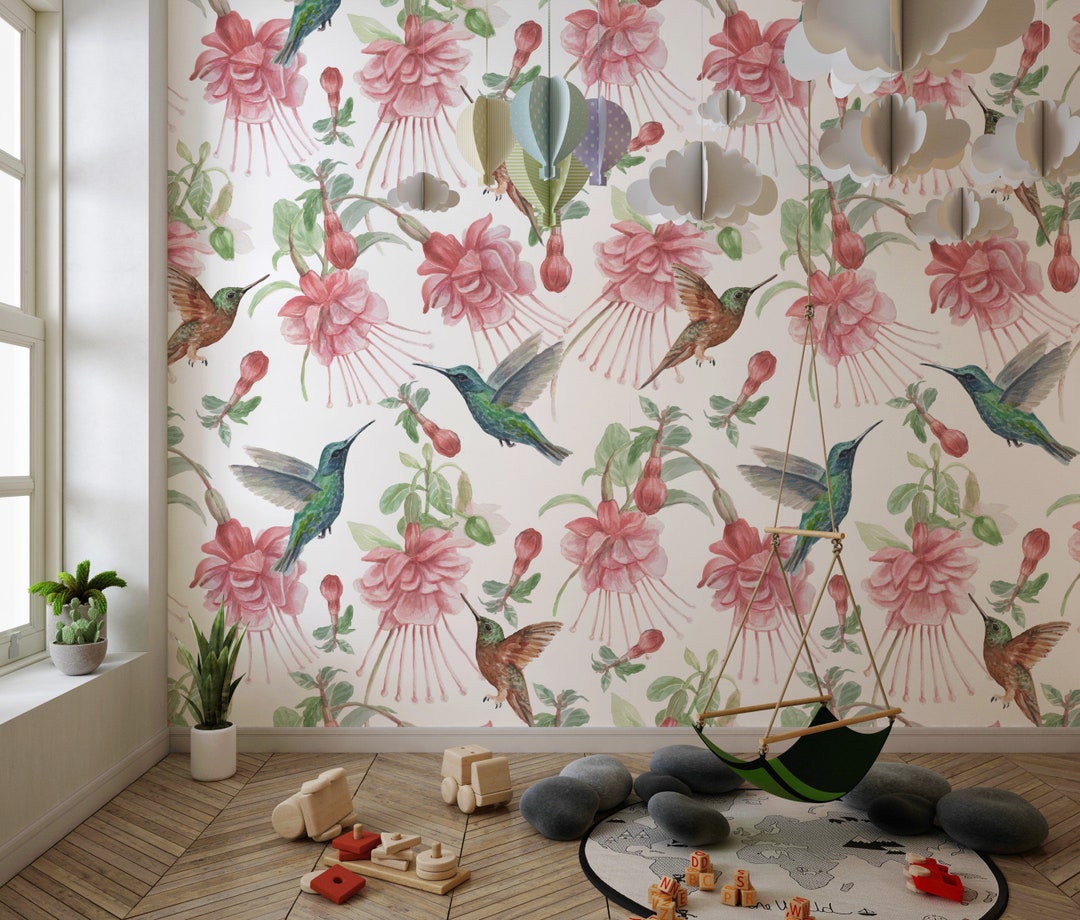 Watercolor Hummingbirds and Fuchsia Flowers Wallpaper, Peel and Stick ...
