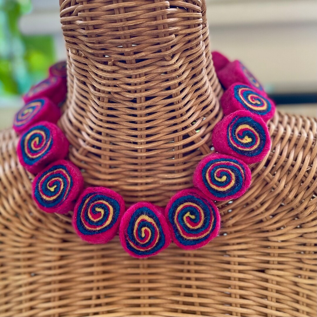 Swirl Felted Wool Bead Textile Art Necklace, Statement Hobo Necklace ...