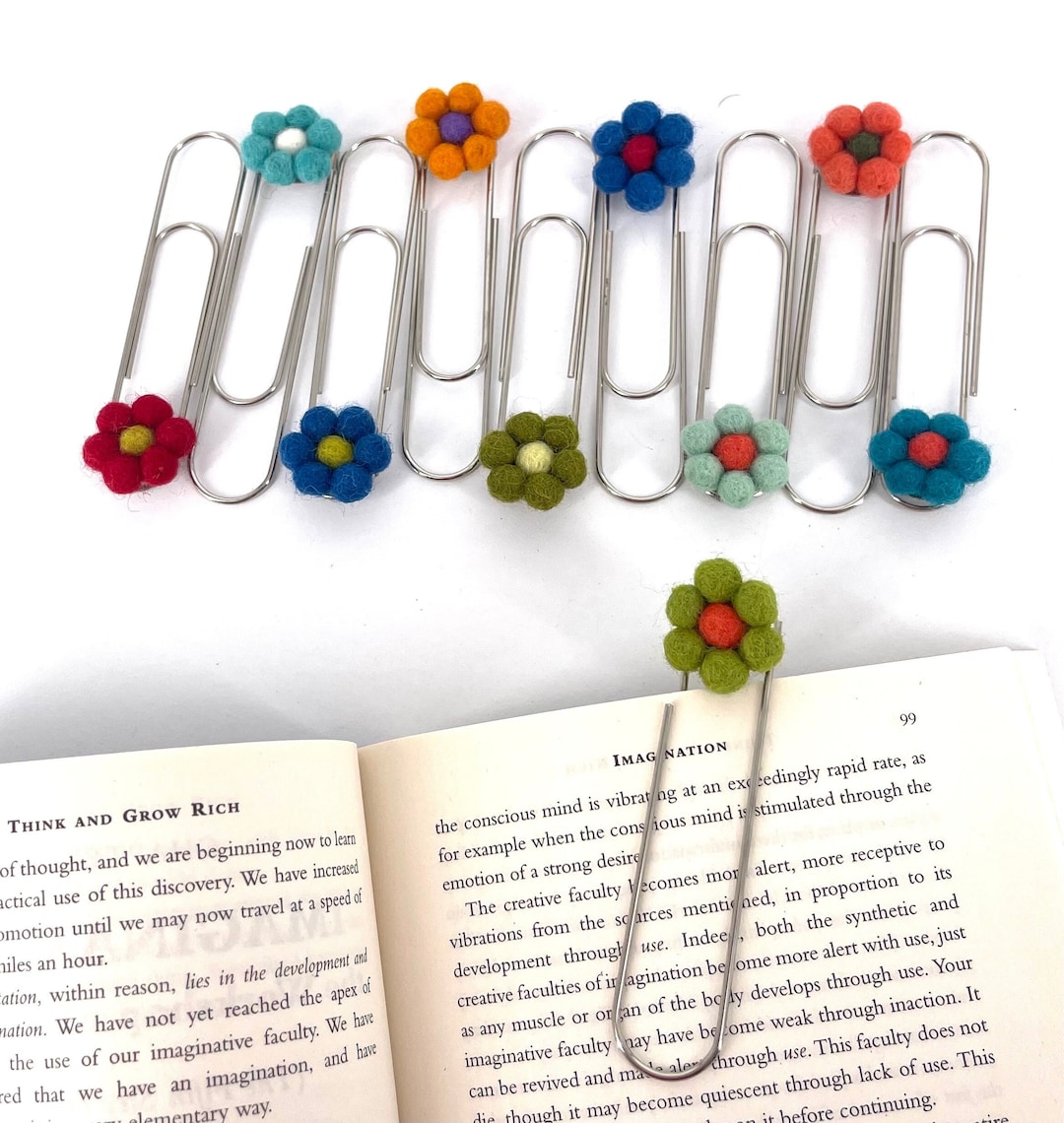 Colorful Fun Paper Clip Bookmark With Felt Ball Flower, Handmade Unique ...
