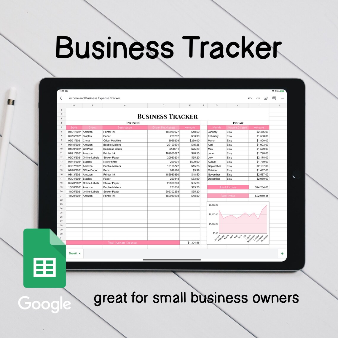 Business Tracker Google Sheets Digital File Small Business Expense and ...