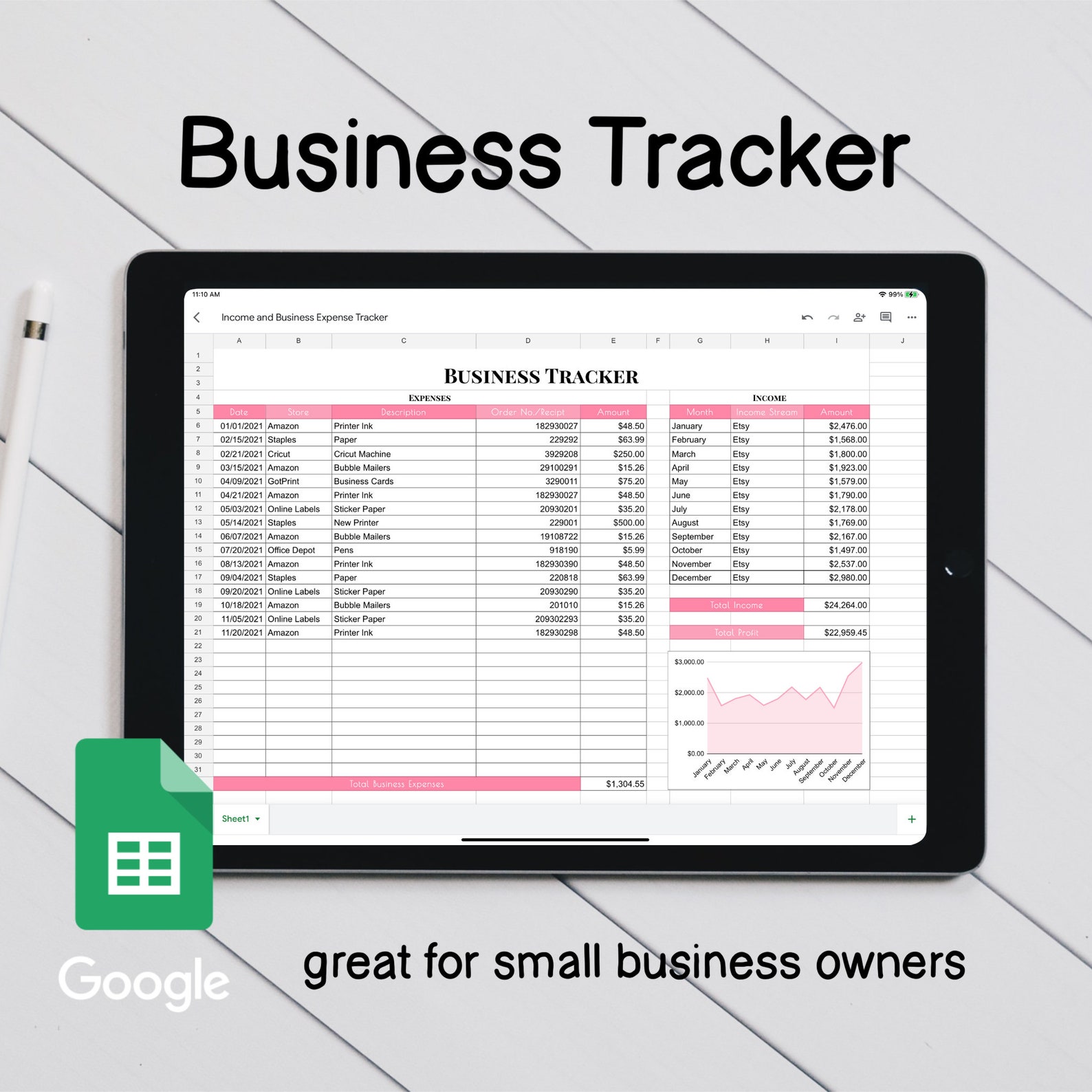 Business Tracker Google Sheets Digital File Small Business Expense and ...