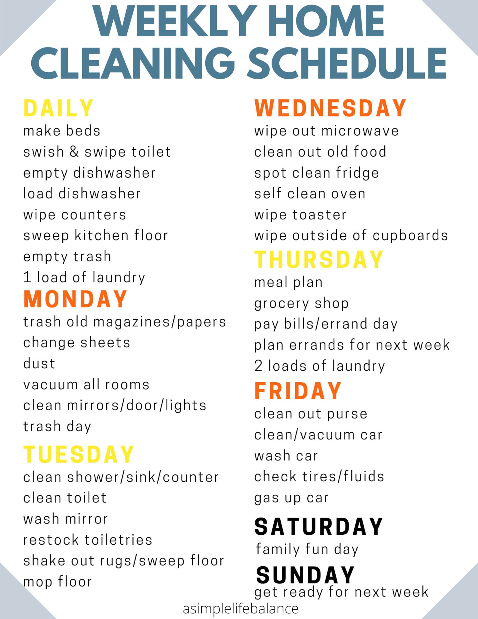 Weekly Home Cleaning Printable Schedule Instant Download - Etsy
