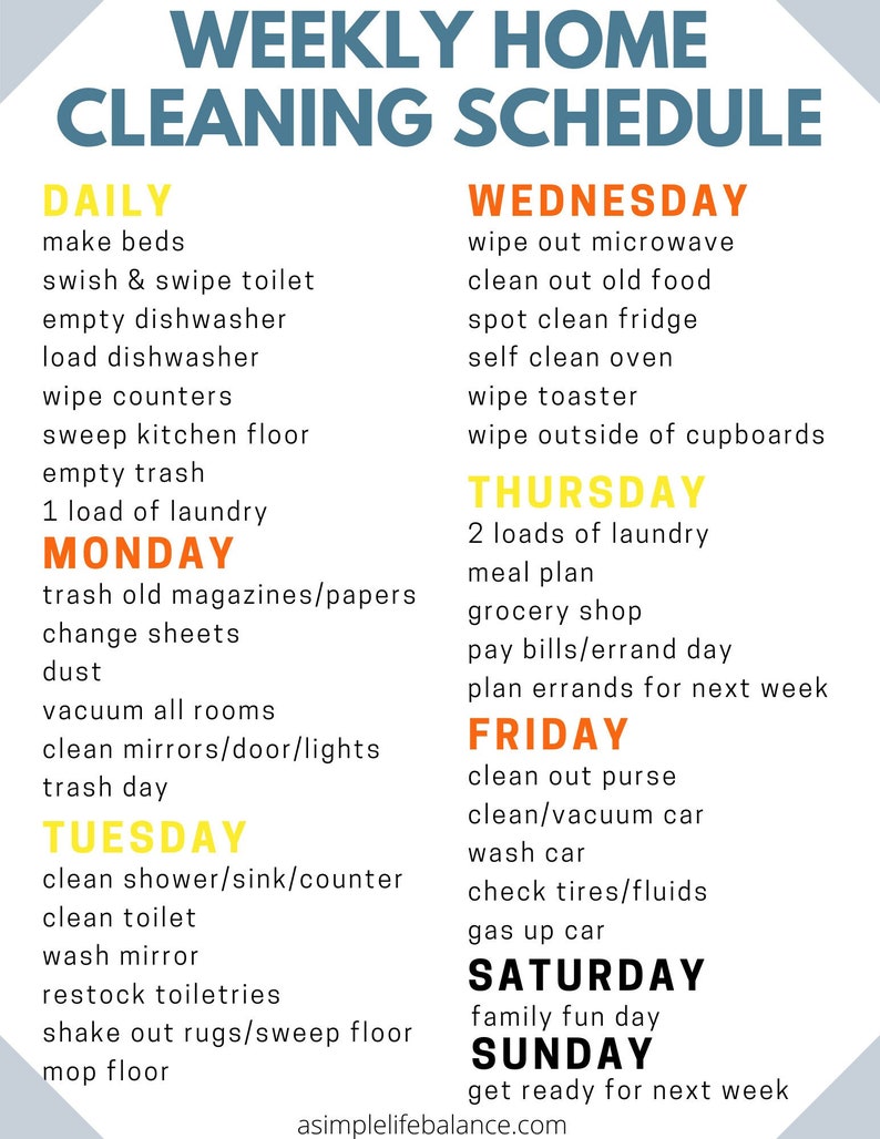 Weekly Cleaning Schedule Printable Instant Download - Etsy