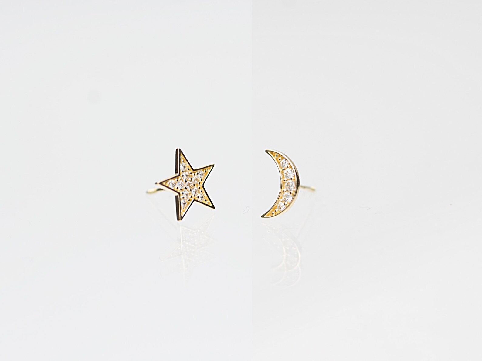 14k Solid Yellow Gold Moon and Star Mismatched Celestial Studs ...