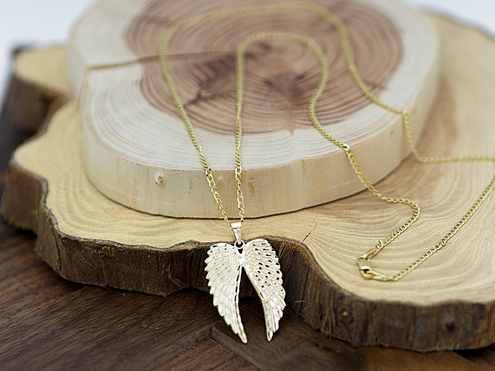 14K Solid Yellow/white Gold Double Angel Wings With Cable - Etsy
