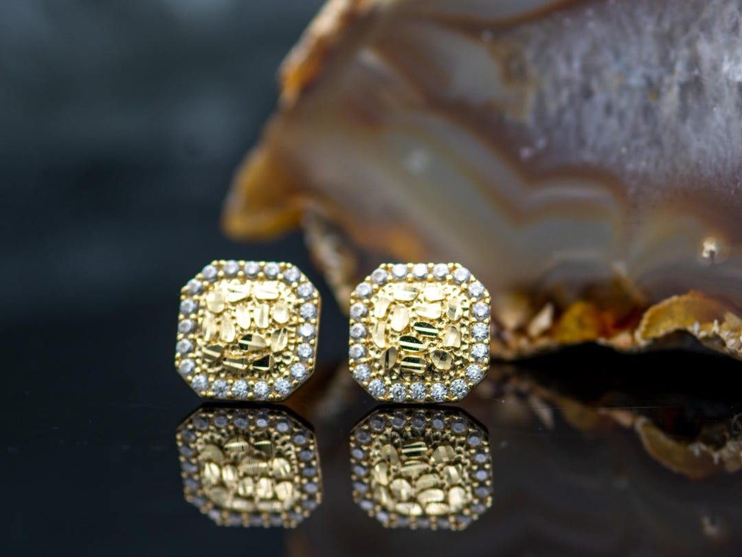 14K Solid Gold Square Nugget Stud Earring - Etsy