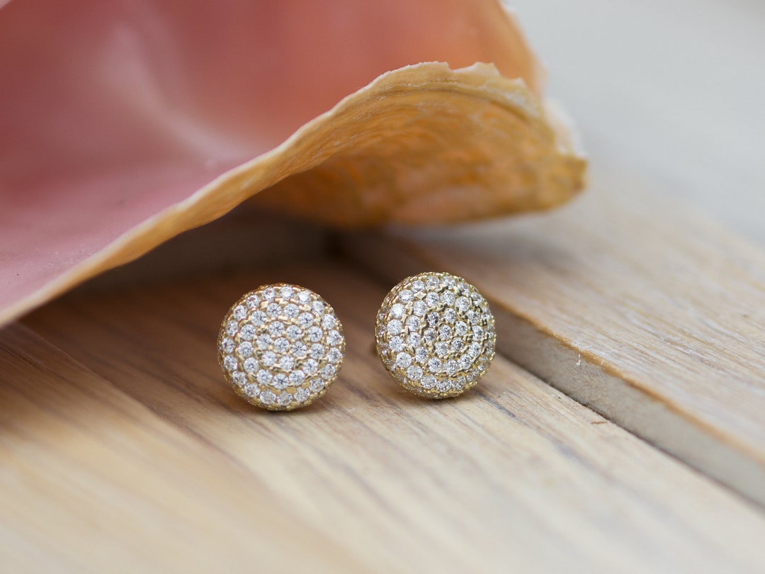 14K Solid Gold Pave Simulated Diamond Earrings, Cubic Zirconia ...