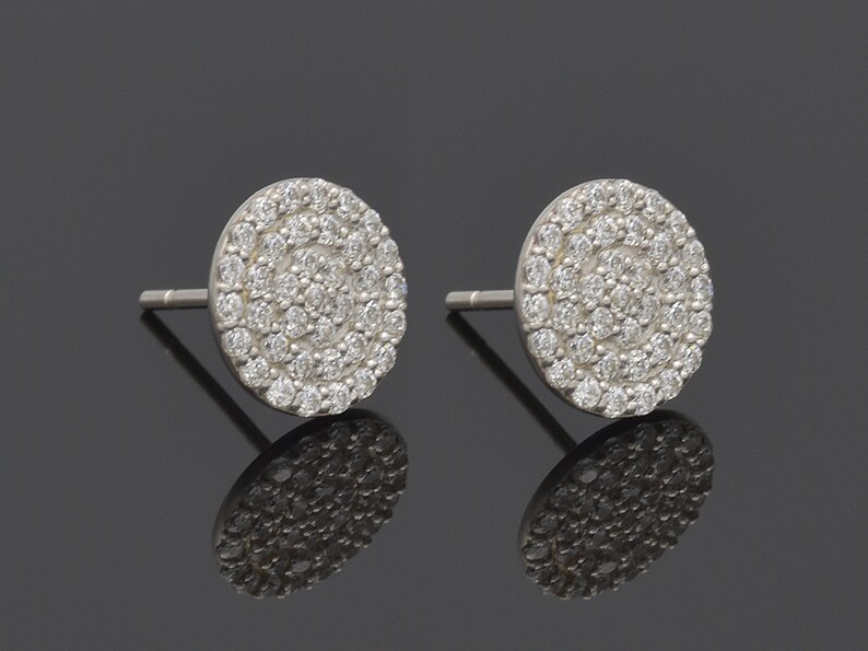 14K Solid White Gold Disc Post Earring,circle Sparkly Elegant Stud ...