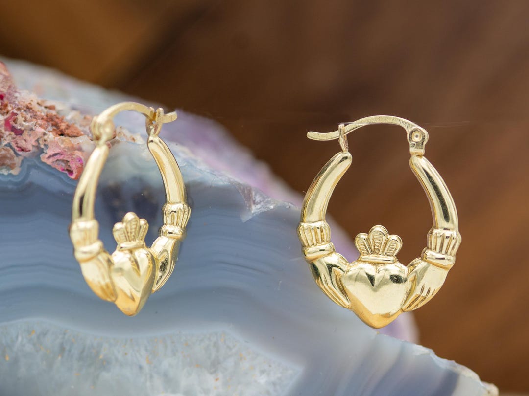 14K Solid Gold Claddagh Hoop Earrings - Etsy