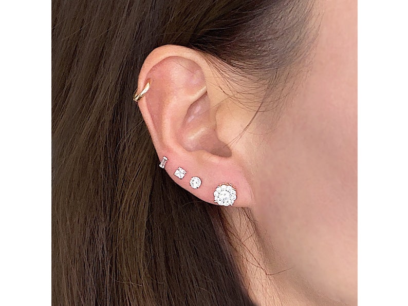 14K Yellow Solid Gold Floral Simulated Diamond Setting Studs - Etsy