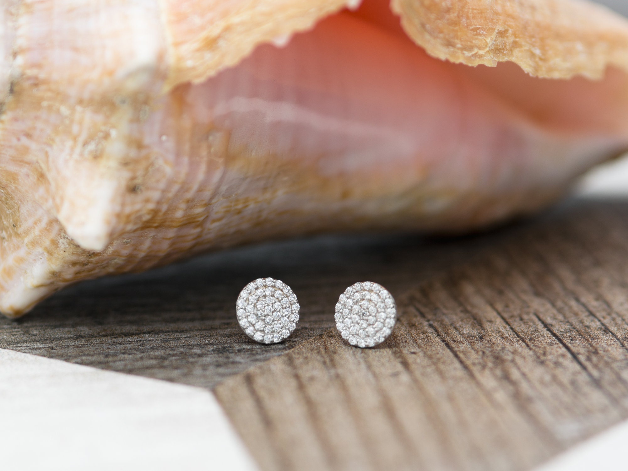 14K Solid White Gold Disc Post Earring,circle Sparkly Elegant Stud ...