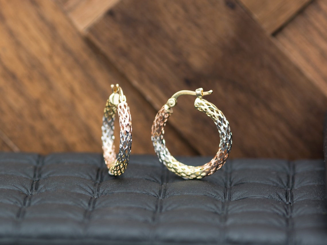 14K Tri Color Solid Gold Diamond Cut Filigree Hoop Earing - Etsy