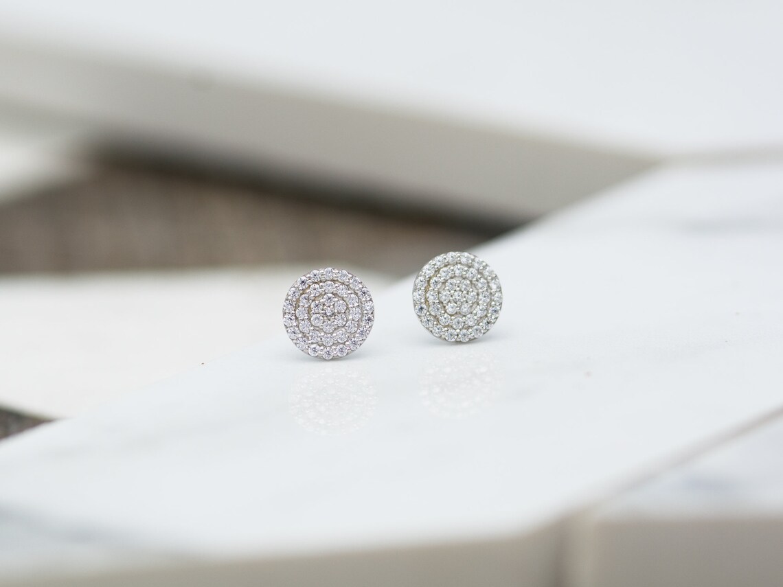 14K Solid White Gold Disc Post Earring,circle Sparkly Elegant Stud ...