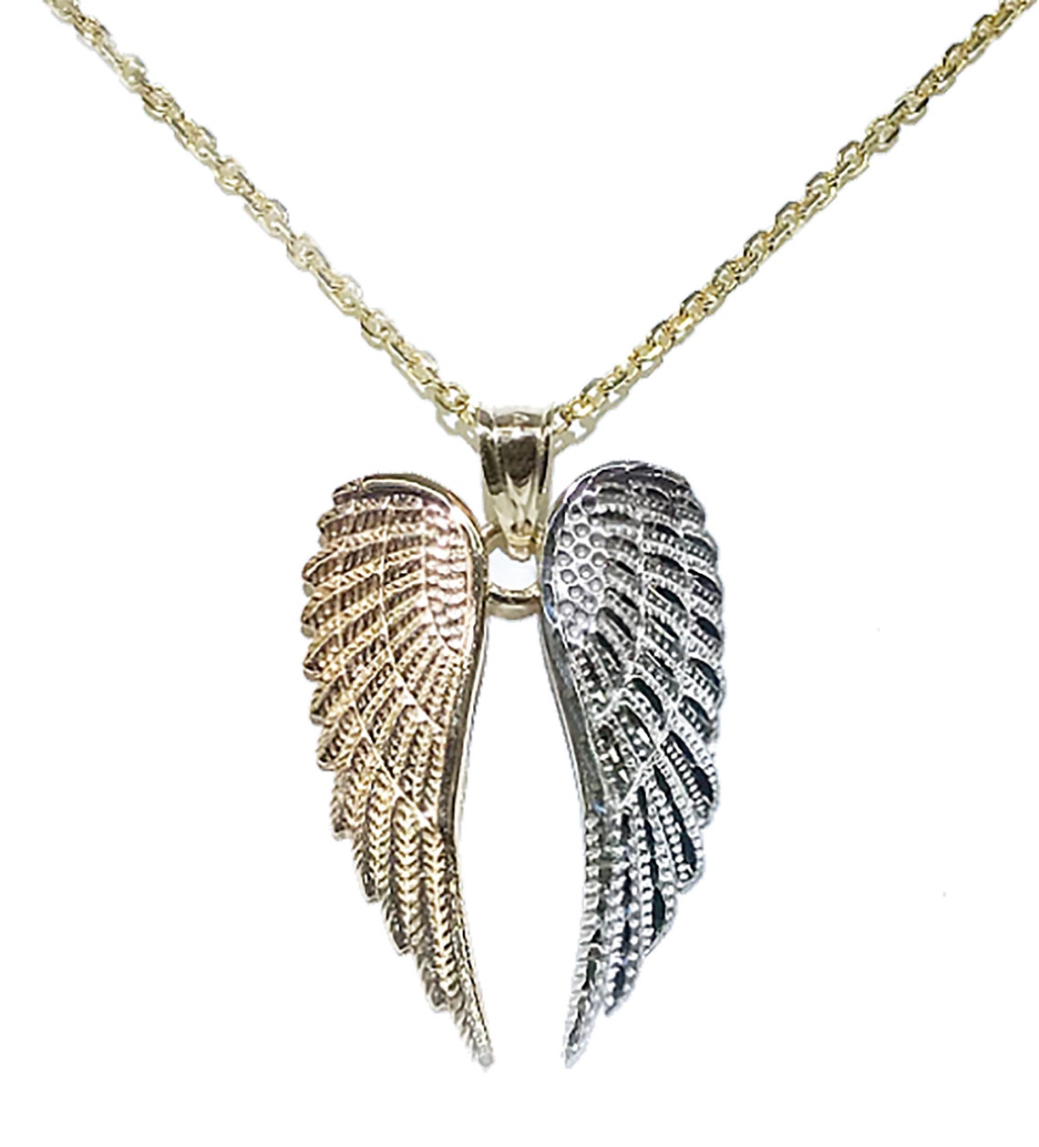 14K Solid Yellow/white Gold Double Angel Wings With Cable - Etsy