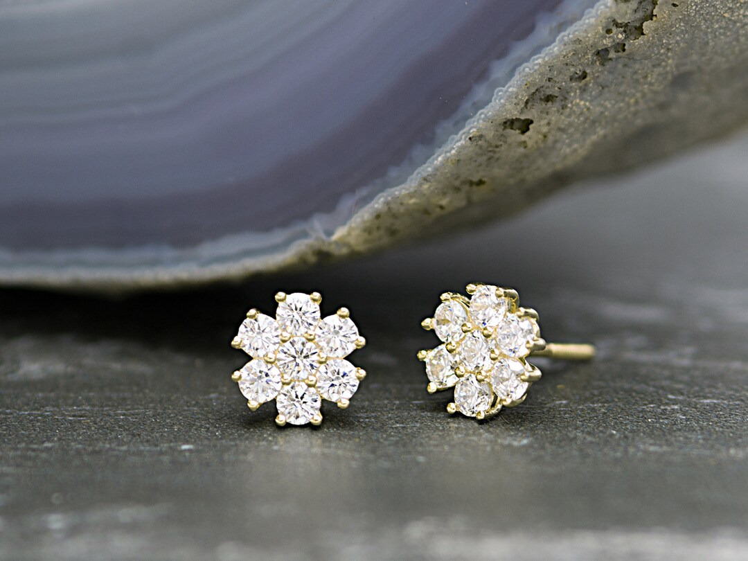 14K Solid Gold Flower Studs, Simulated Diamond CZ Earrings - Etsy