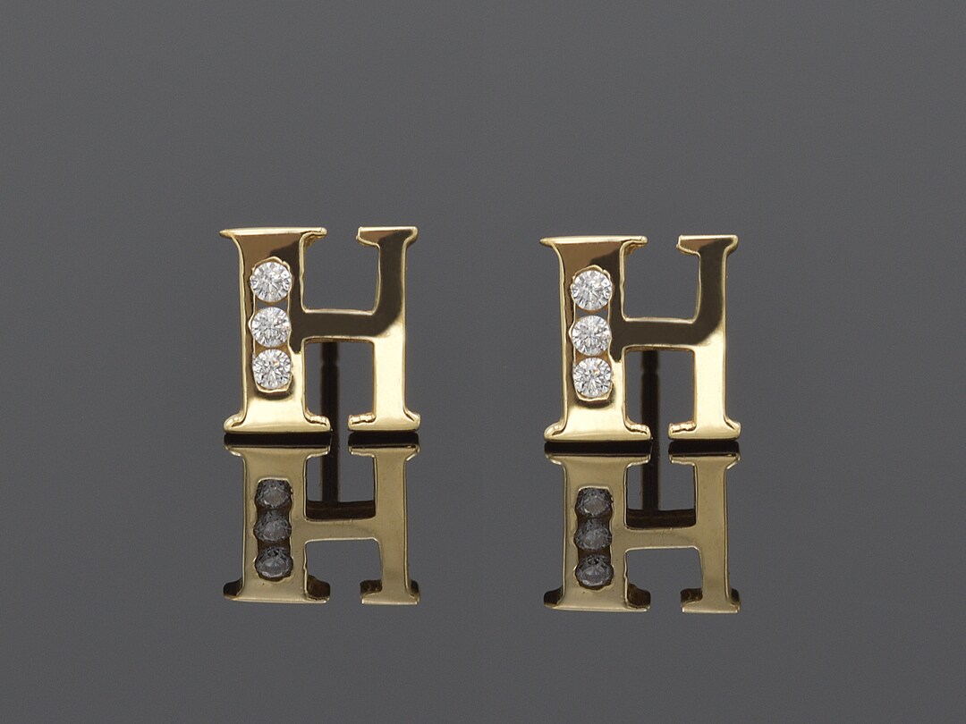 14K Solid Gold Initial H Stud Earrings • CZ Letter Studs (PAIR) - Etsy