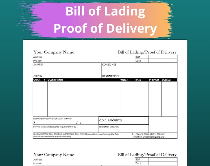 Bill of Lading Template / Printable / Business Form Template / BOL ...