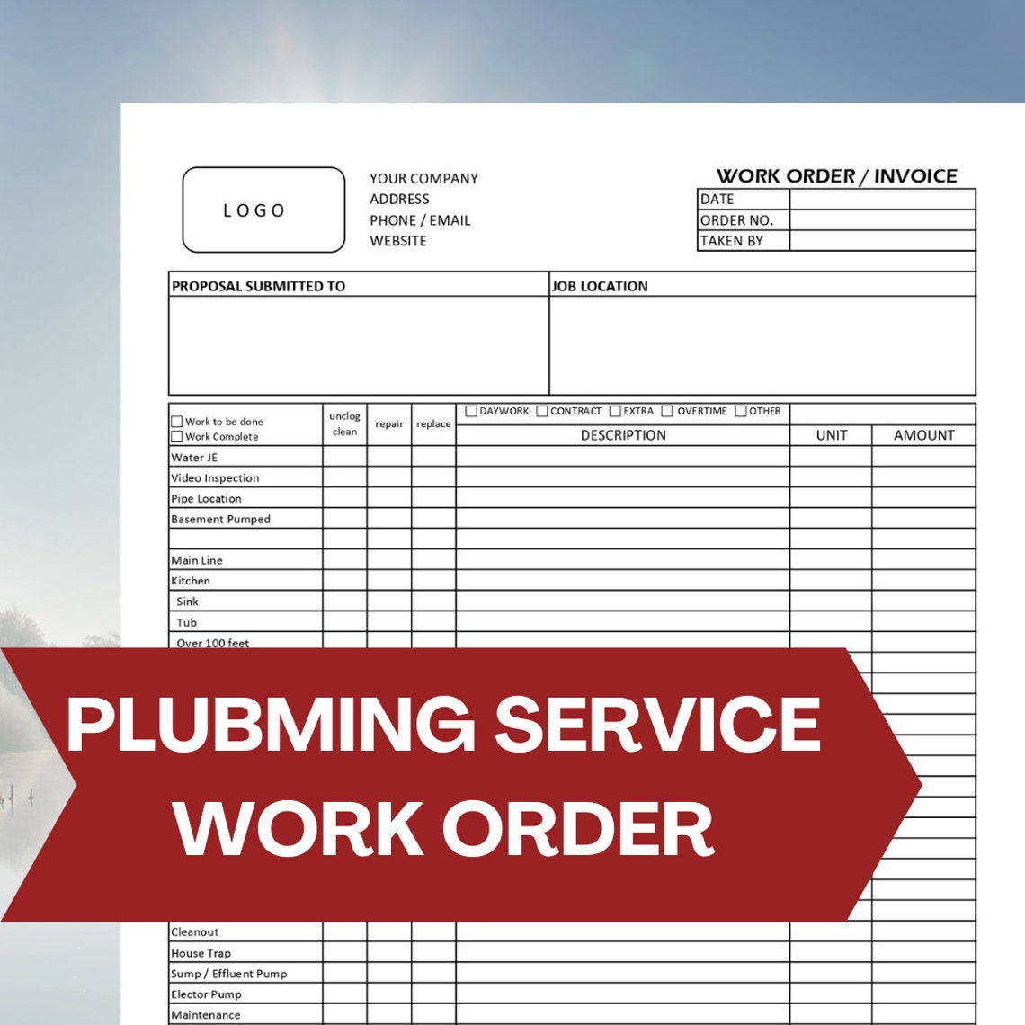 Plumbing Service Work Order Invoice Business Form Template