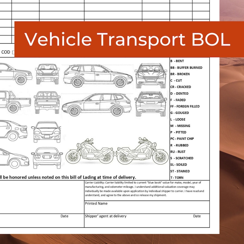 Vehicle Bill of Lading Template / Printable / Business Form Template ...