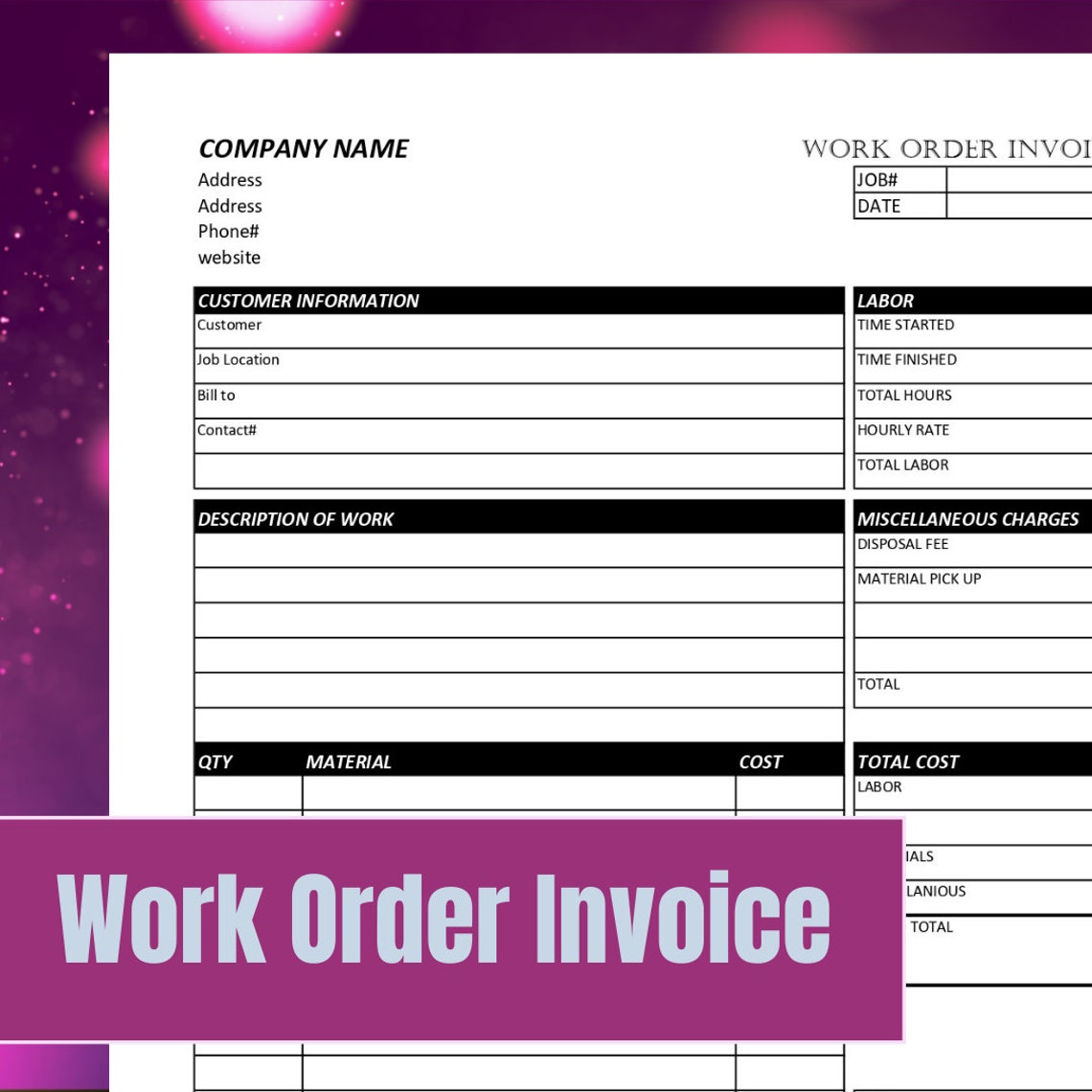 Simple Work Order Invoice Template / Printable Invoice / Business Form ...