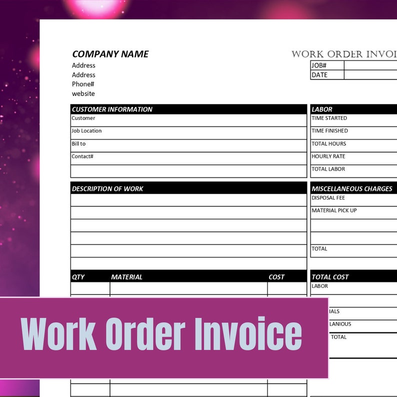 Simple Work Order Invoice Template / Printable Invoice / Business Form ...