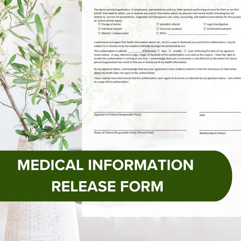 Authorization to Release Medical Information / Printable Editable ...