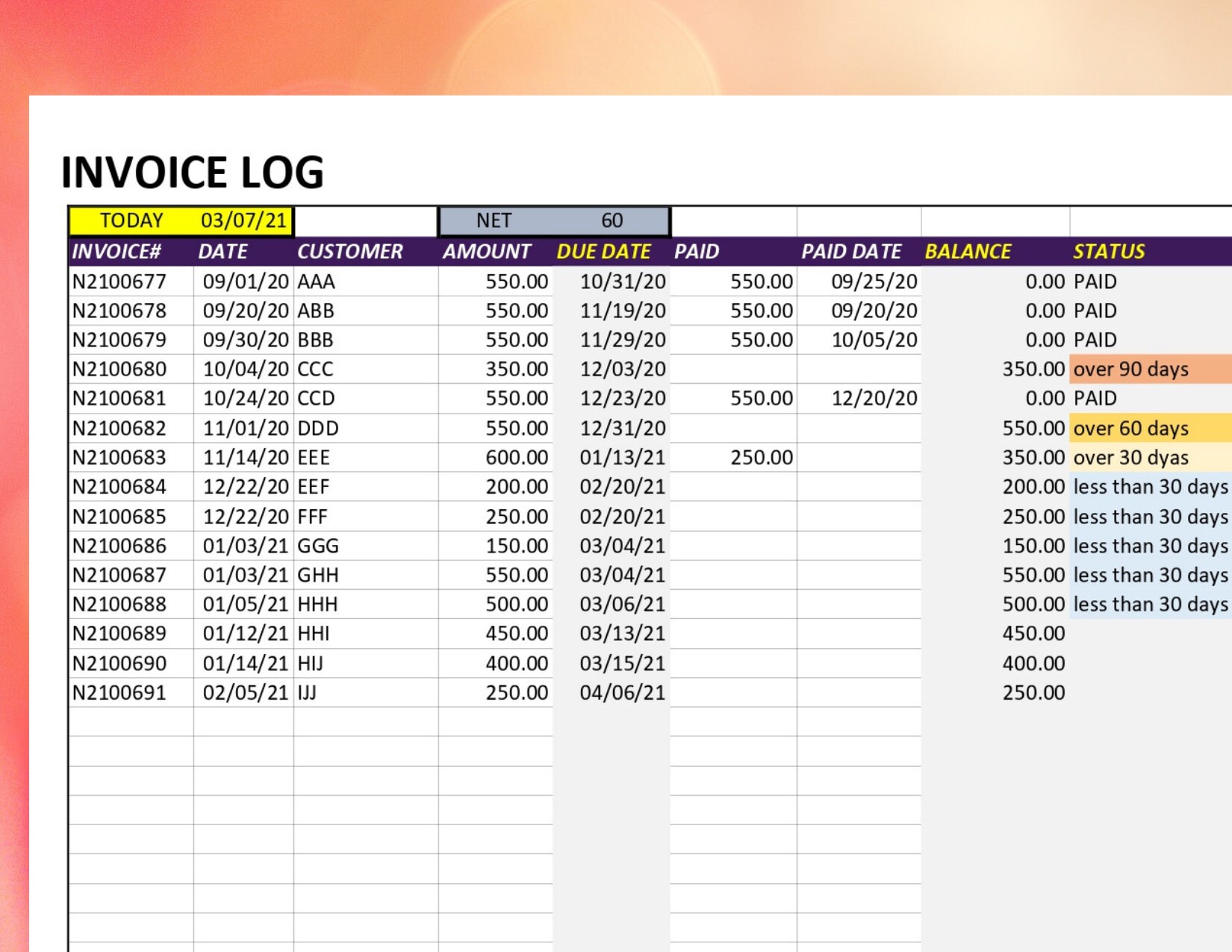 Invoice Log in Excel/ Invoice Tracker / Auto Calculate / Printable ...