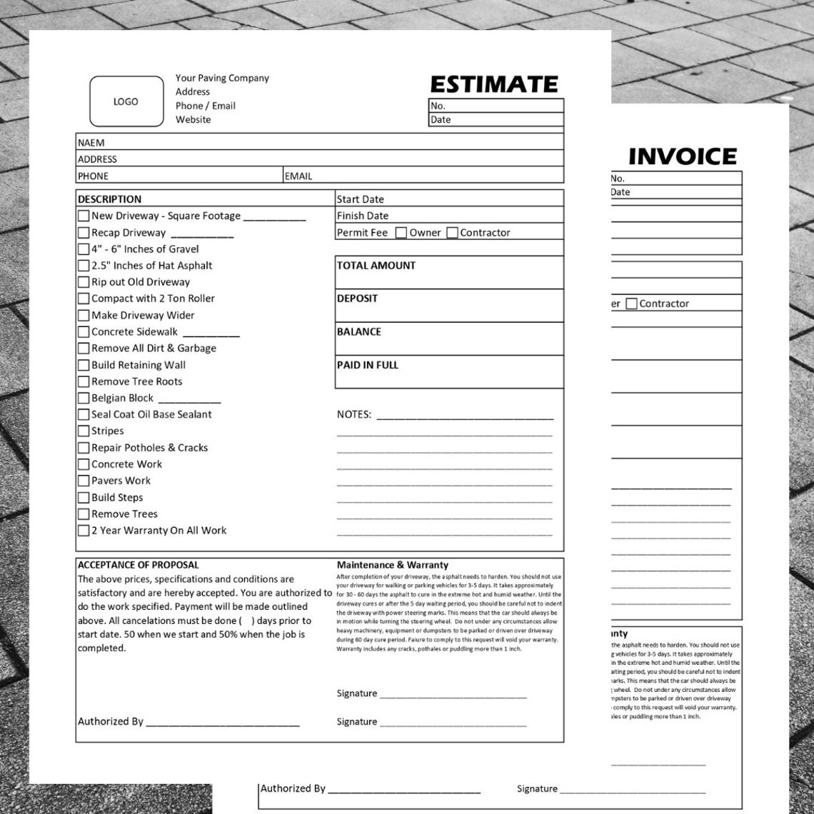 PAVING Service Estimate & Invoice / Business Form Template / Digital ...