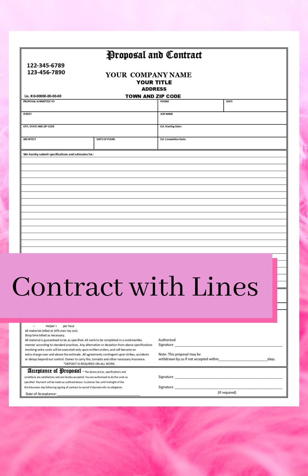 Contract With Lines Template / Editable Proposal & Contract Form ...