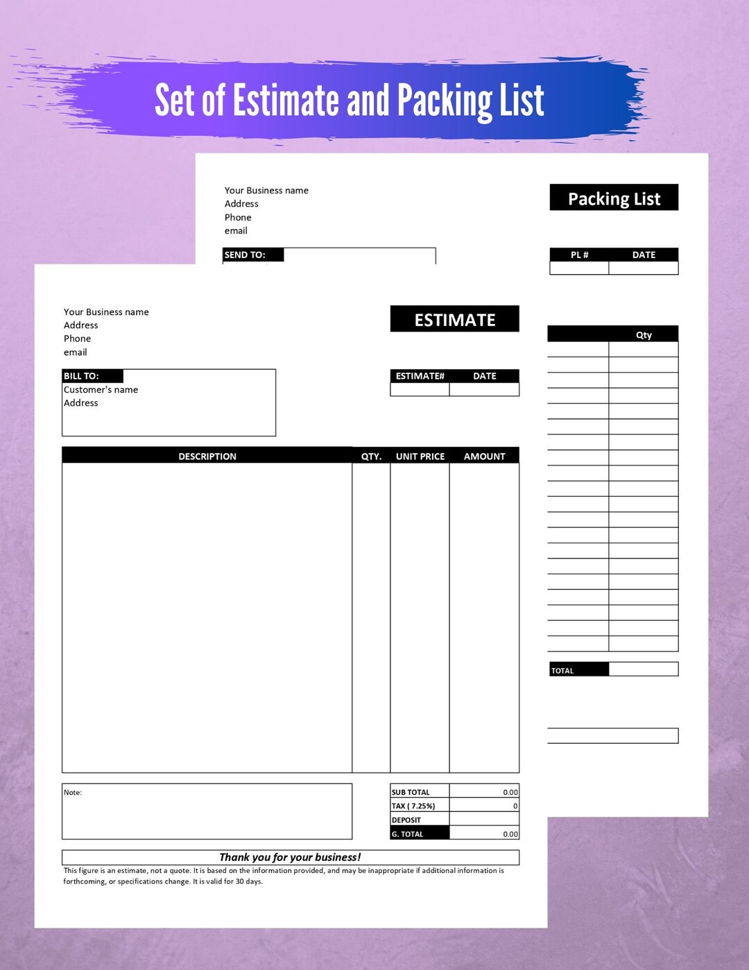 Set of Estimate and Packing List Template / Printable / Business Form ...