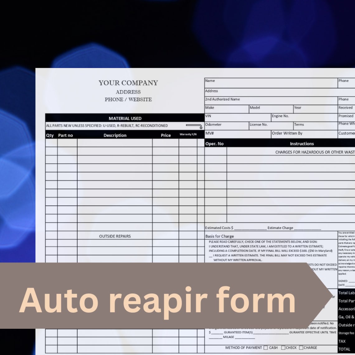 Auto Repair Form Template / Auto Repair Service Form / Printable ...