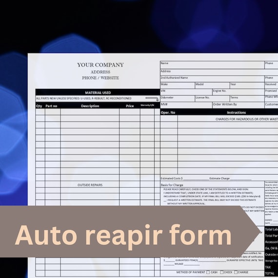 Auto Repair Order Template Excel