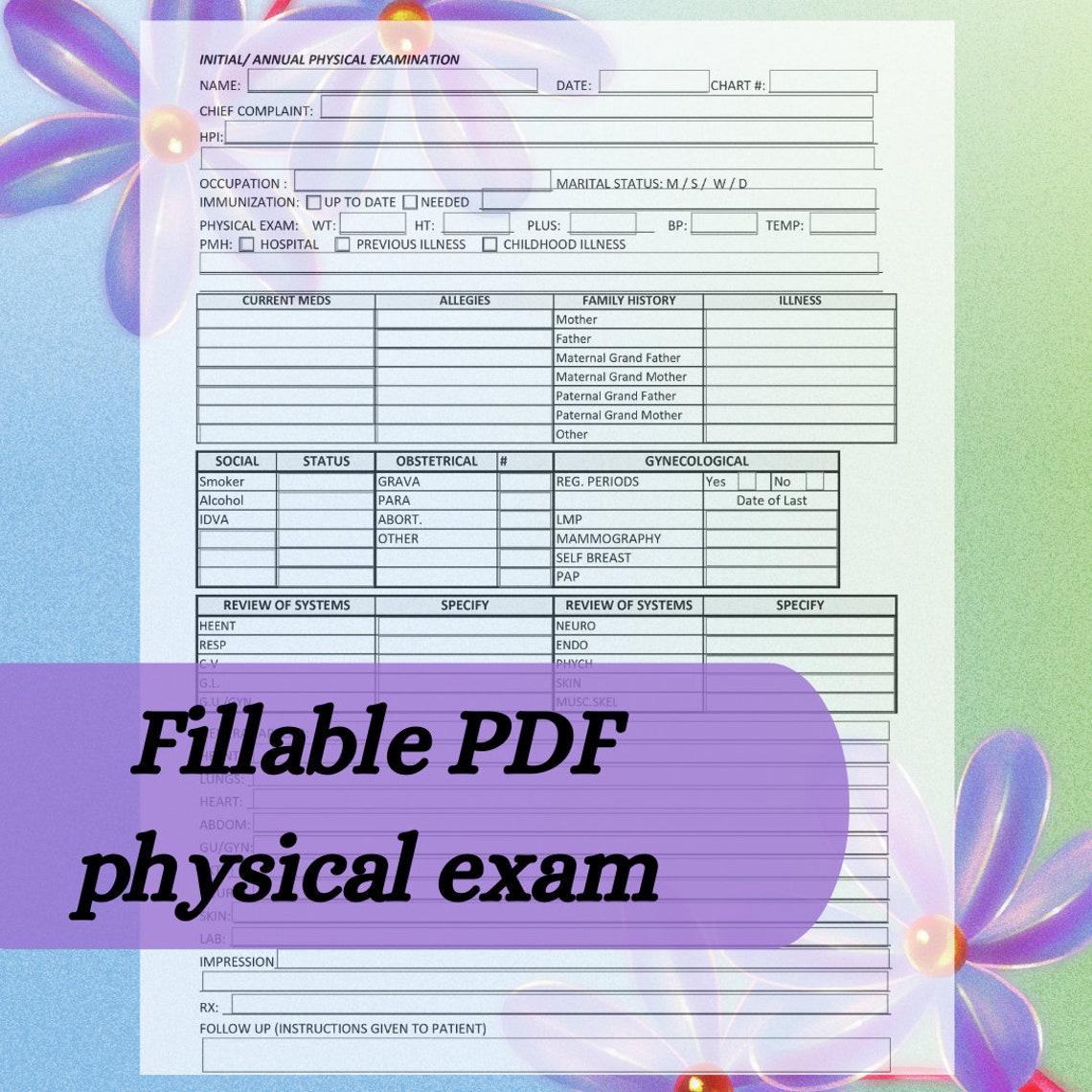 Physical Exam Form Fillable PDF / Annual Physical Examination / Printable Instant Download ...