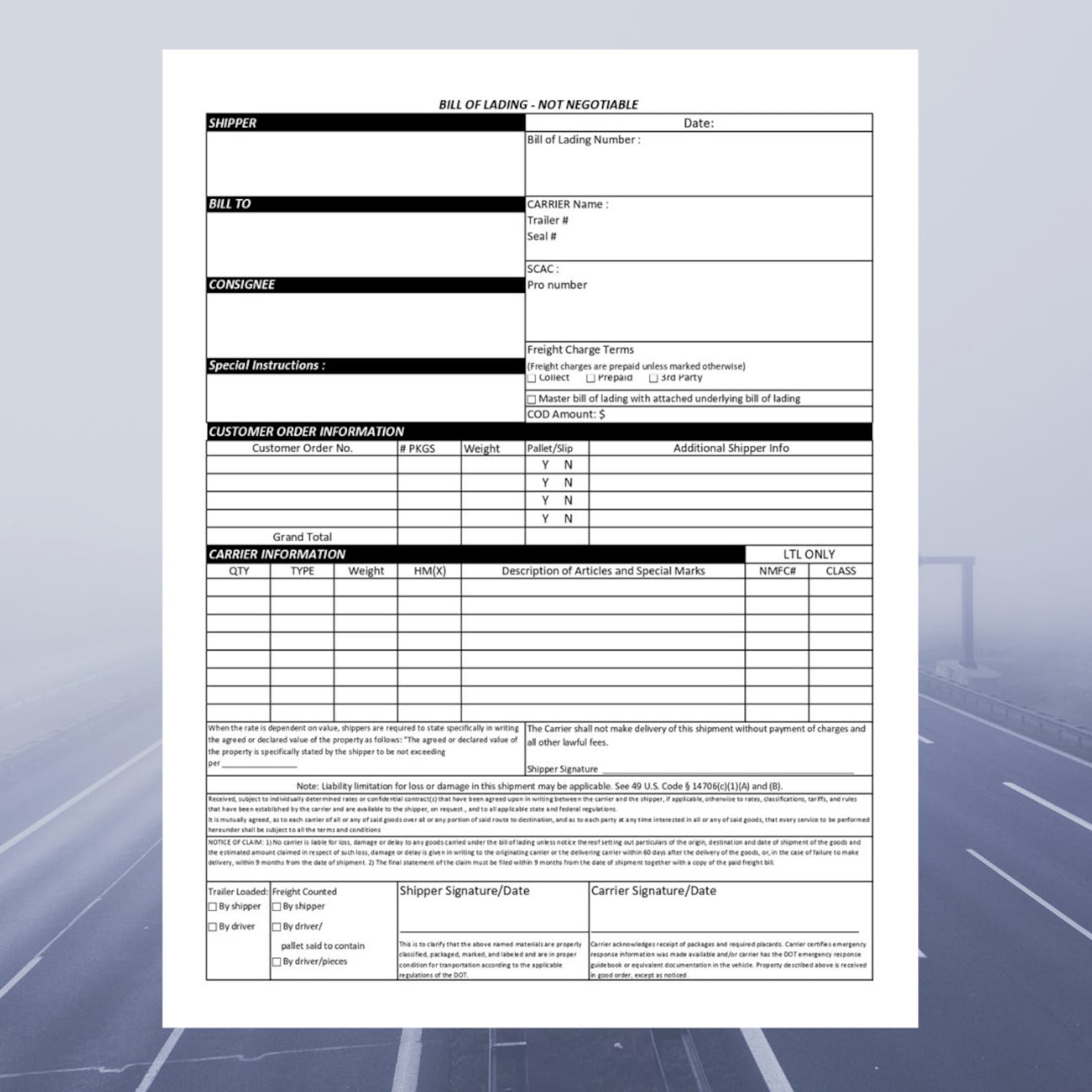 Bill of Lading Template / Printable / Business Form Template / BOL ...