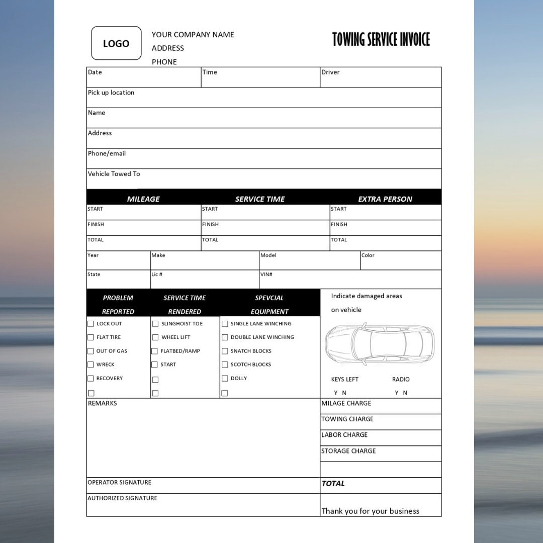 Editable Towing Service Invoice / Towing Service Form / Operation Form ...