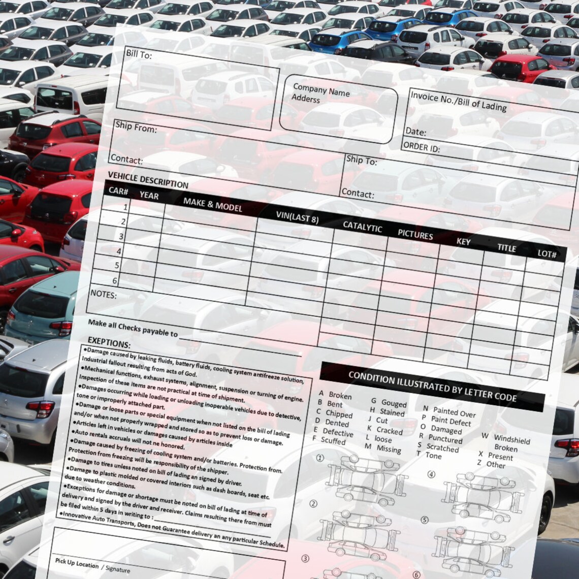 Vehicle Bill of Lading Template for 6 Cars / Business Form Template ...