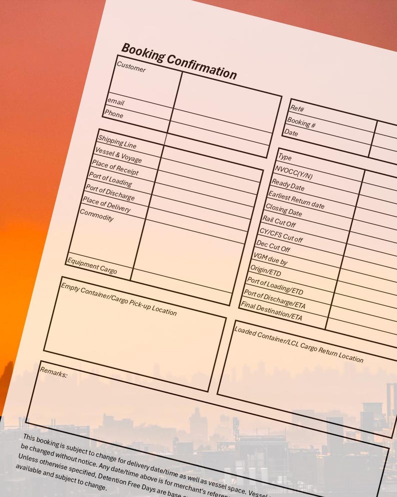 Booking Confirmation Template / Vessel Booking Printable / Receipt ...